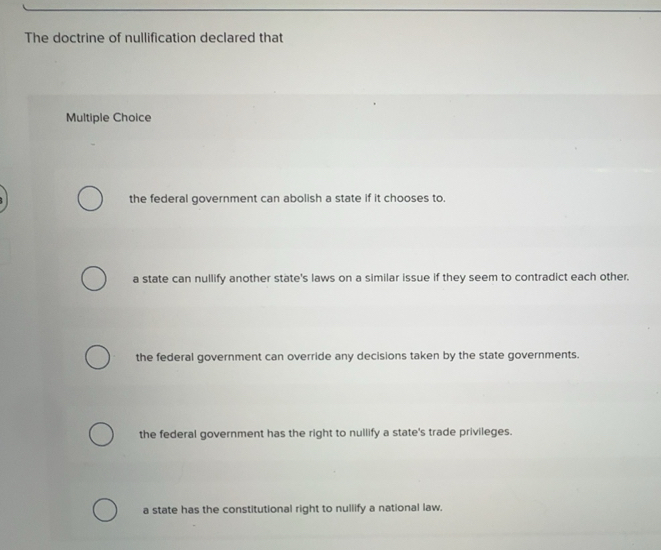 Solved: The doctrine of nullification declared that Multiple Choice the ...