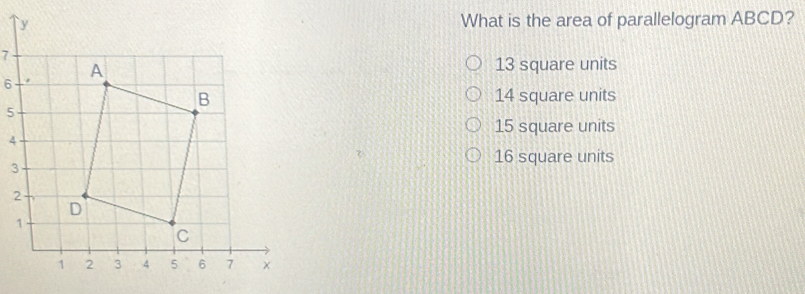 Solved: What is the area of parallelogram ABCD? 7 A 13 square units 6 B ...