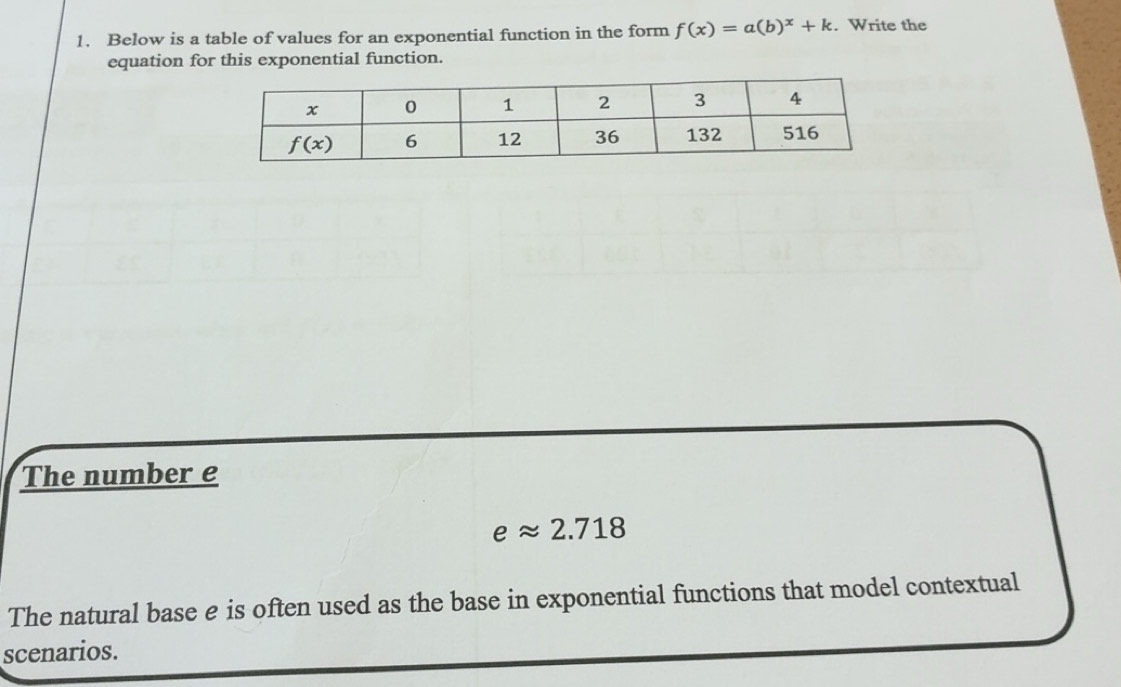 Solved: Below is a table of values for an exponential function in the ...