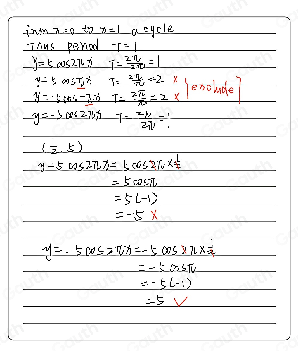 Solved: The graph of a cosine function is drawn. One full cycle goes ...