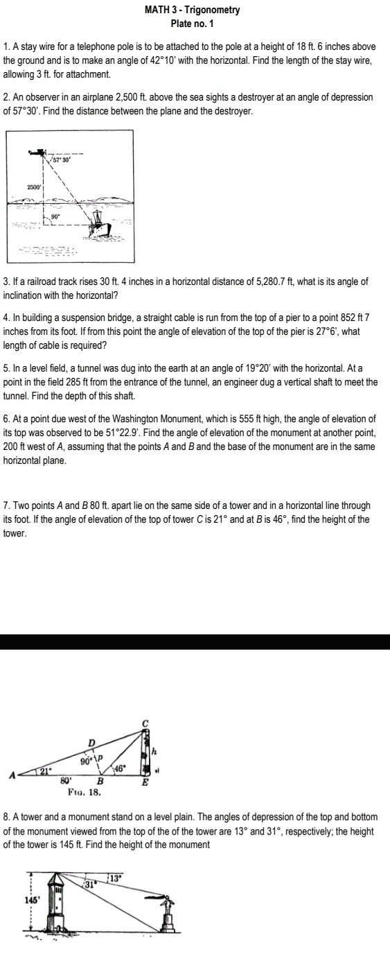 Solved: MATH 3 - Trigonometry Plate no. 1 1. A stay wire for a ...
