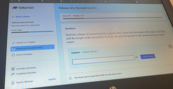 Solved: DeltaMath Volume of a Pyramid Level 1 (- Back to Home Score US ...