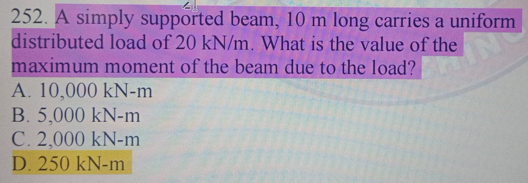 Solved: A simply supported beam, 10 m long carries a uniform distributed load of 20 kN/m. What ...