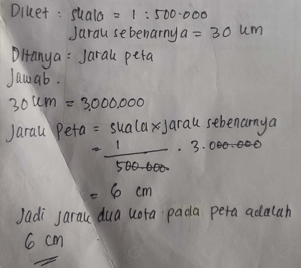 Telah dijawab:Skala suatu peta tertulis 1 : 500.000. Jika jarak ...