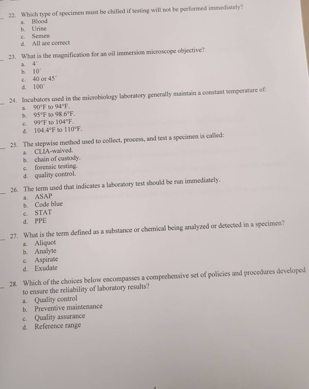 Solved: Which type of specimen must be chilled if testing will not be ...