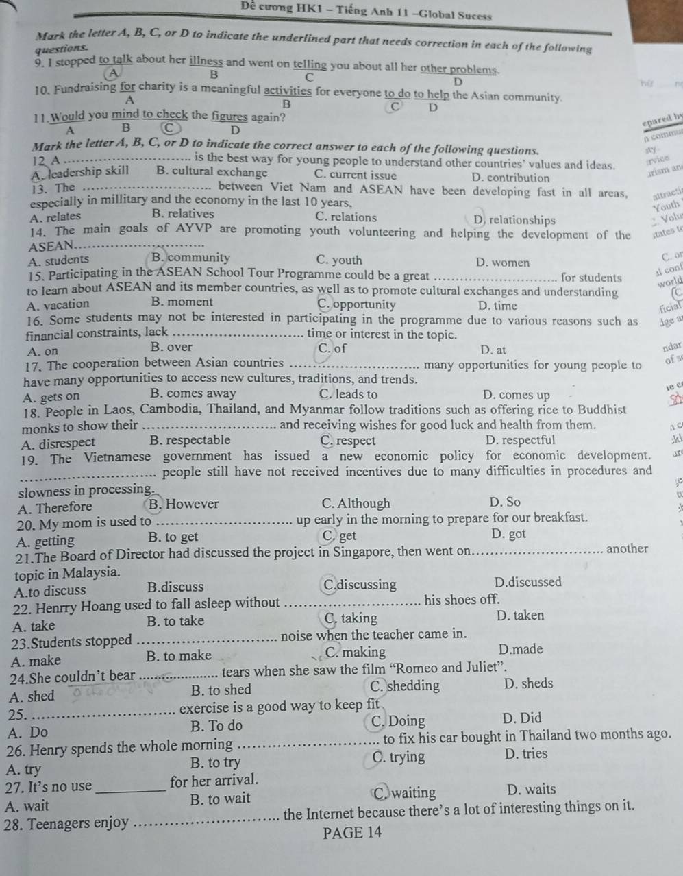 Giải quyết:Đề cương HK1 - Tiếng Anh 11 -Global Sucess Mark the letter A ...