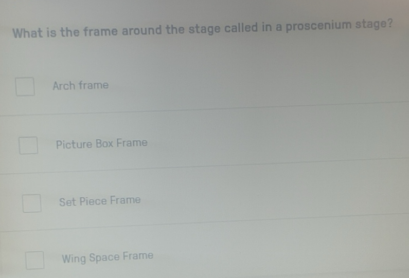 Solved: What is the frame around the stage called in a proscenium stage ...