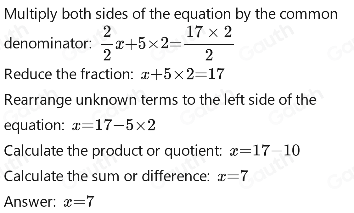 Solved: Solve this equation by undoing in reverse order. 1/2 x+5= 17/2 ...