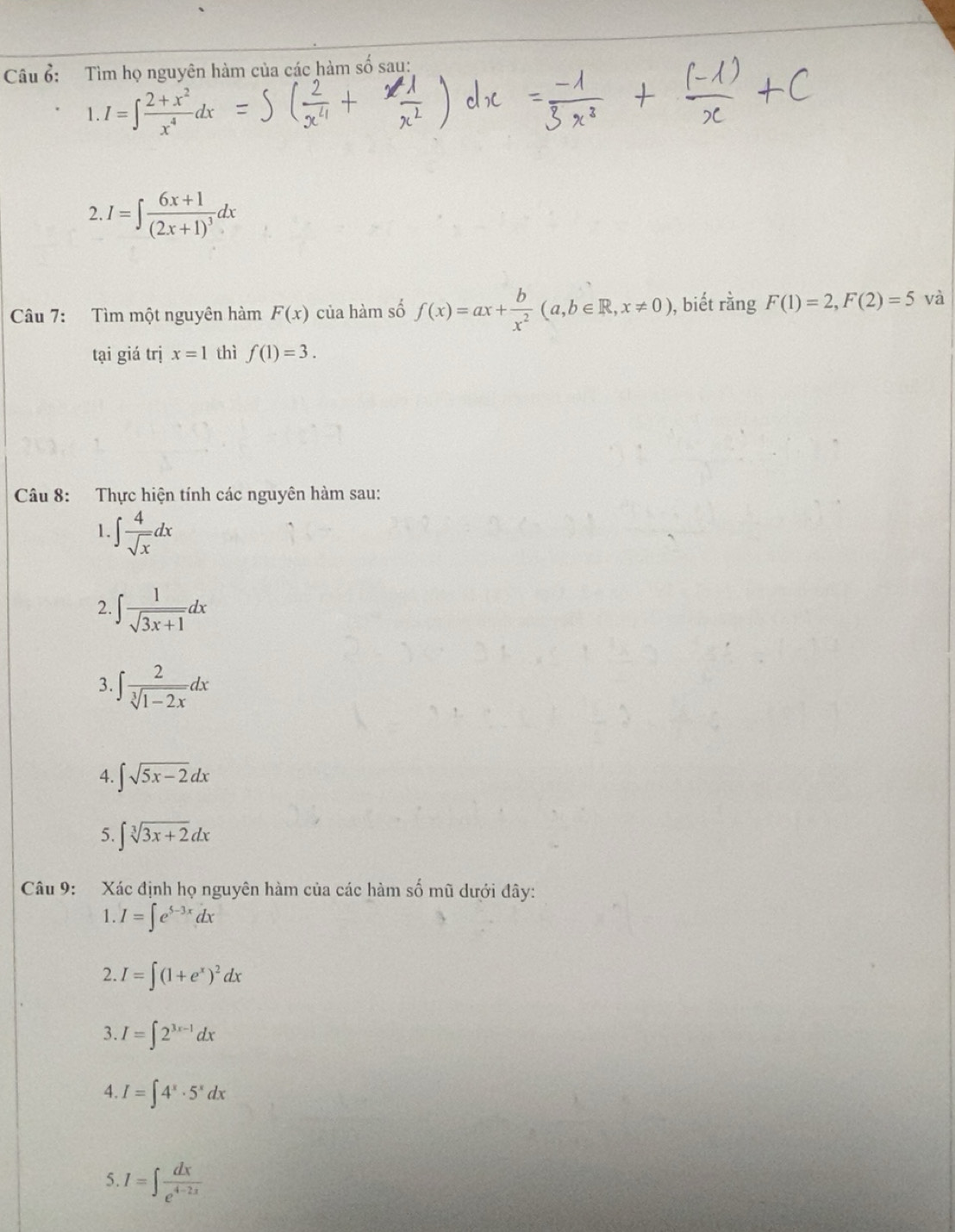 Giải quyết:Câu ổ: Tìm họ nguyên hàm của các hàm số sau: 1. I=∈t (2+x^2 ...