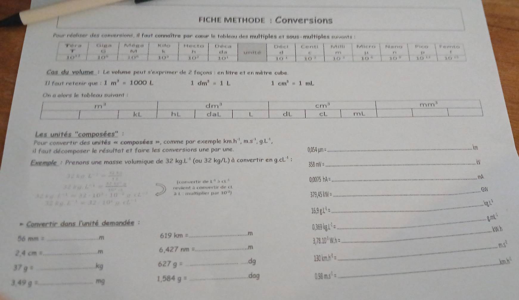 Résolu :FICHE METHODE : Conversions Pour réaliser des conversions, il faut connaître par cœur le t