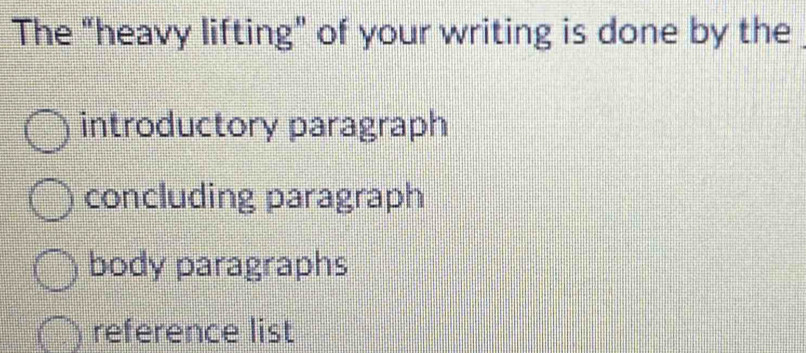 Solved: The "heavy lifting" of your writing is done by the introductory ...
