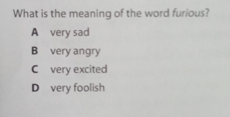 Solved: What is the meaning of the word furious? A very sad B₹very ...