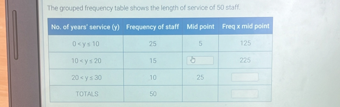 Solved: The grouped frequency table shows the length of service of 50 ...