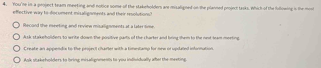 Solved: You’re in a project team meeting and notice some of the stakeholders are misaligned on ...