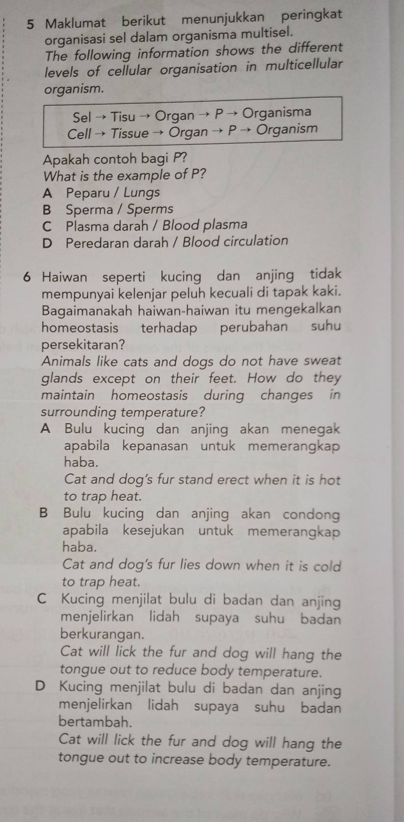 Selesai:Maklumat berikut menunjukkan peringkat organisasi sel dalam ...