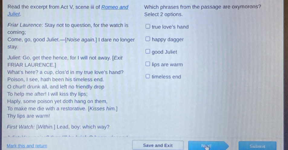 Solved: Read the excerpt from Act V, scene iii of Romeo and Which phrases from the passage are ...