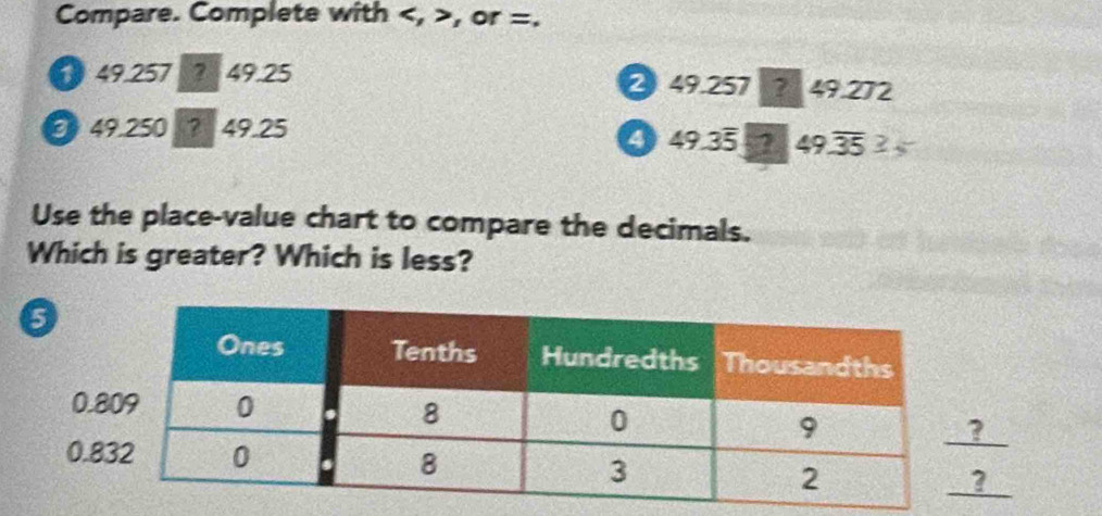 Solved: Compare. Complete with , , or =. 49.257 ? 49.25 2 49.257 ? 49. ...
