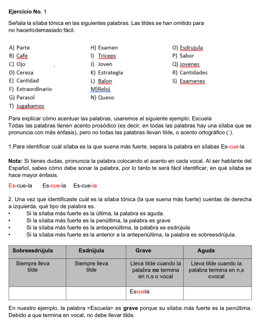 Resuelto:Ejercicio No. 1 Señala la sílaba tónica en las siguientes ...