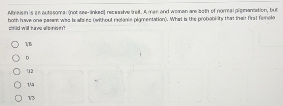 Solved: Albinism is an autosomal (not sex-linked) recessive trait. A ...