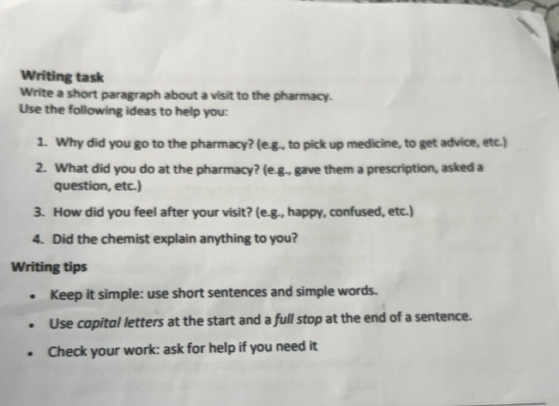 Solved: Writing task Write a short paragraph about a visit to the ...