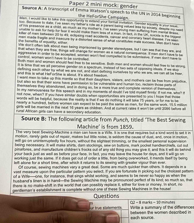 Solved: Paper 2 mini mock: gender Source A: A transcript of Emma Watson ...