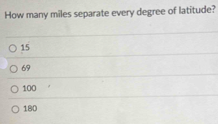 Solved: How many miles separate every degree of latitude? 15 69 100 180 ...