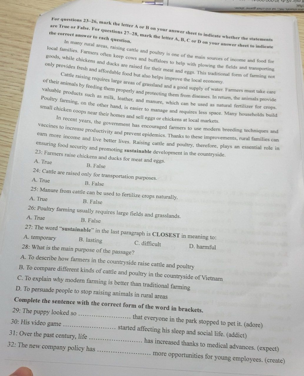 Giải quyết:ou aue s sod o e oin wue For questions 23-26, mark the ...