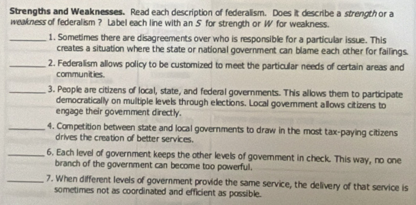 Solved: Strengths and Weaknesses. Read each description of federalism ...
