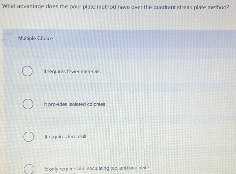 Solved: What advantage does the pour plate method have over the ...