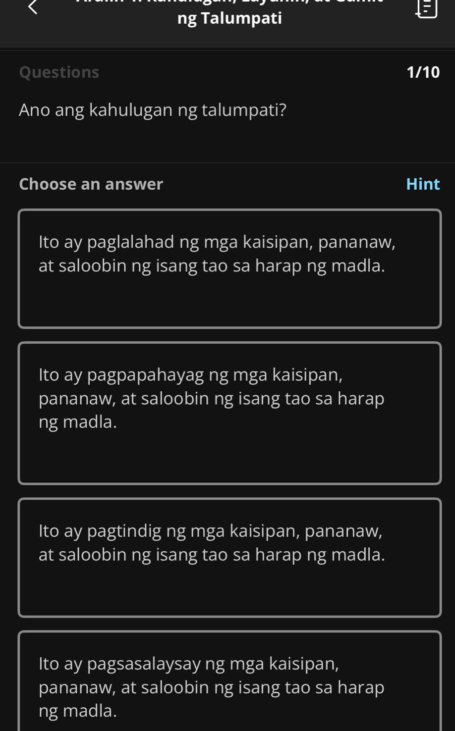 Solved: ng Talumpati Questions 1/10 Ano ang kahulugan ng talumpati ...