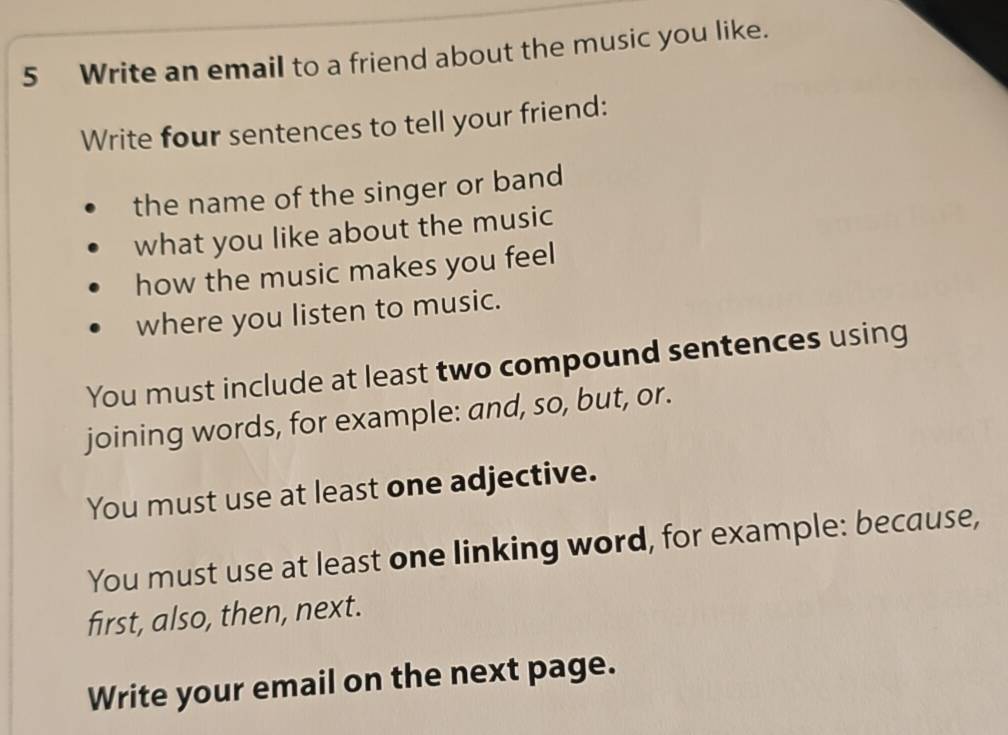 Solved: Write an email to a friend about the music you like. Write four ...