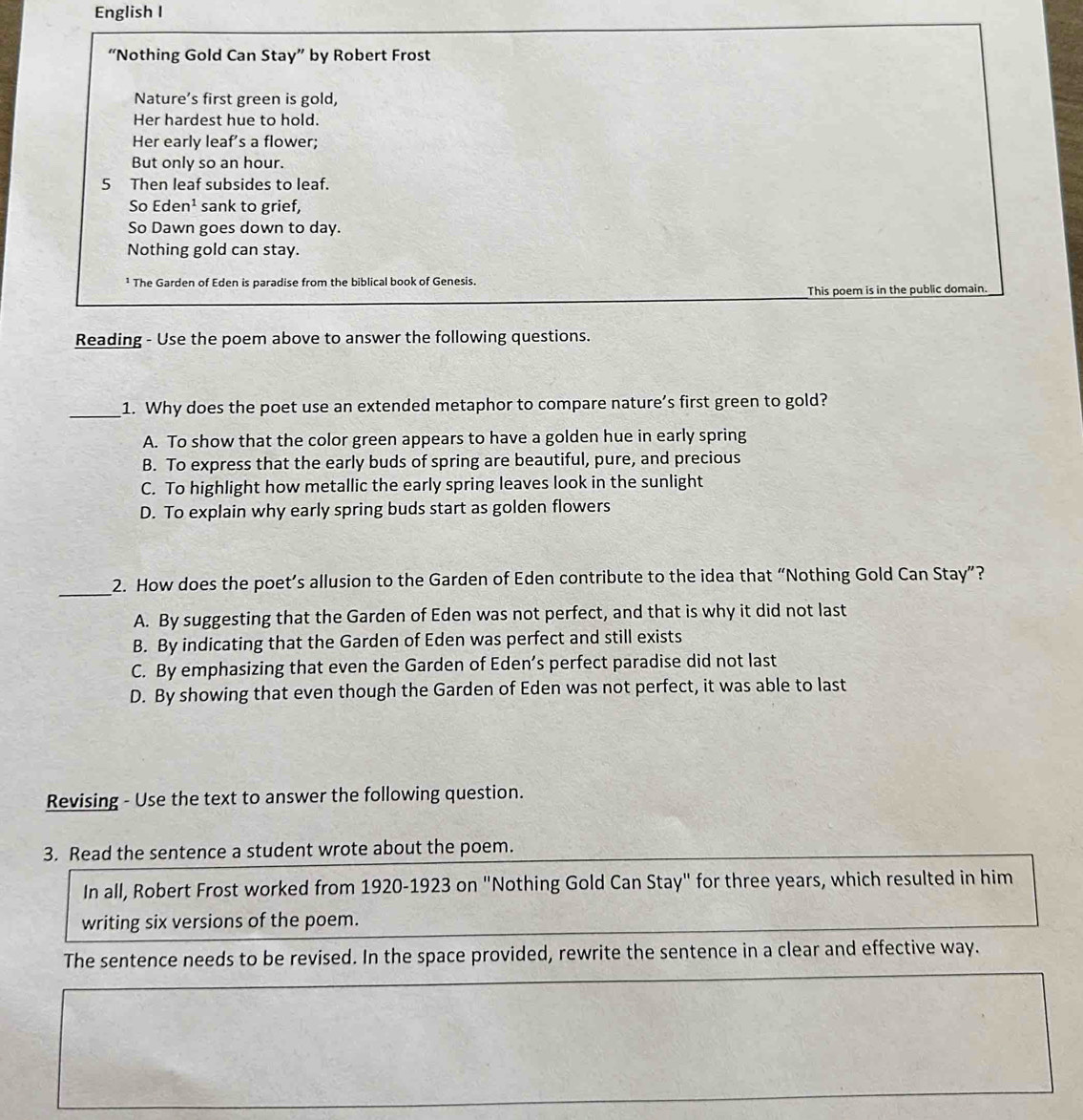 Solved: English I “Nothing Gold Can Stay” by Robert Frost Nature’s ...