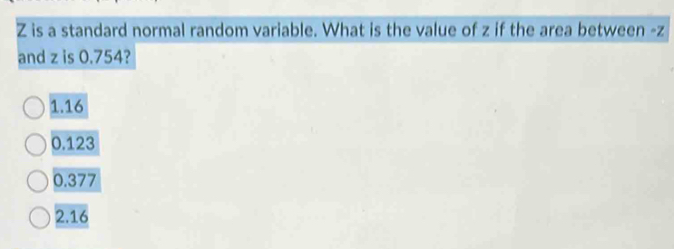 Solved: Z is a standard normal random variable. What is the value of z if the area between - z ...