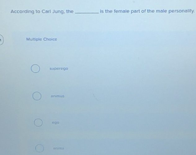 Solved: According to Carl Jung, the _is the female part of the male ...