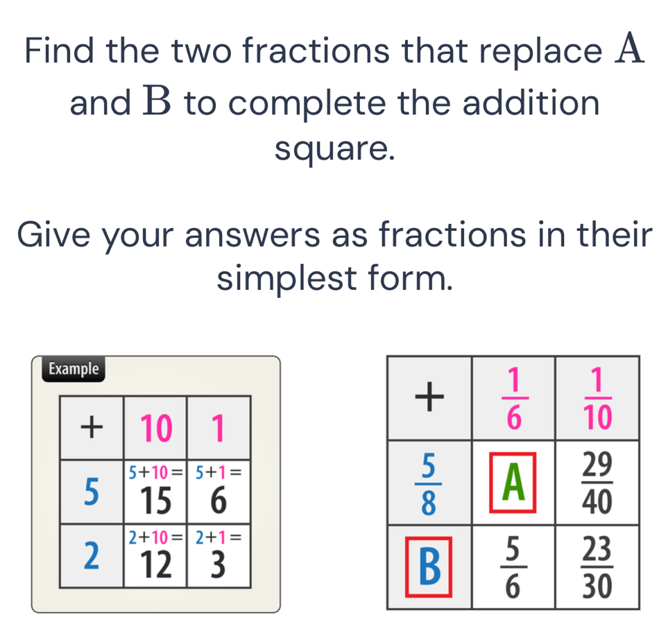 Solved: Find the two fractions that replace A and B to complete the ...