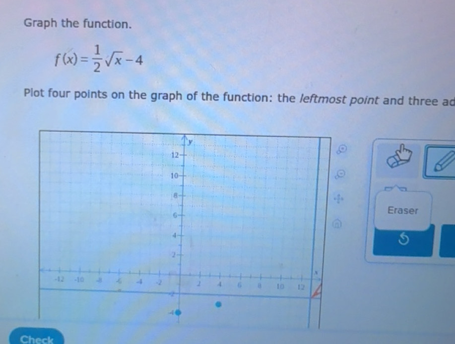 Solved: Graph the function. f(x)= 1/2 sqrt(x)-4 Plot four points on the ...