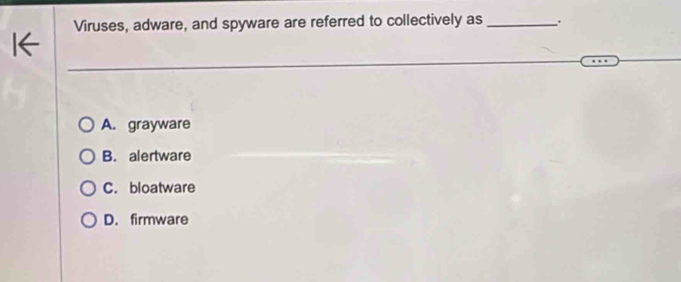 Solved: Viruses, adware, and spyware are referred to collectively as_ A ...