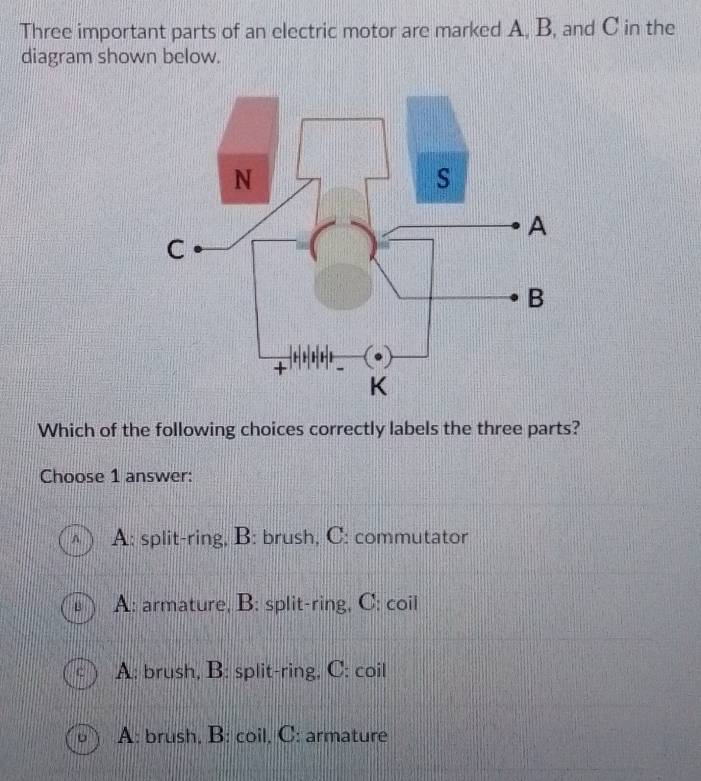 Solved: Three important parts of an electric motor are marked A, B, and ...