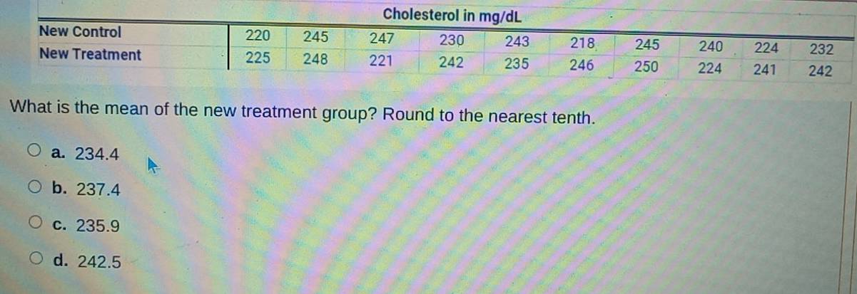 Solved: What is the mean of the new treatment group? Round to the ...