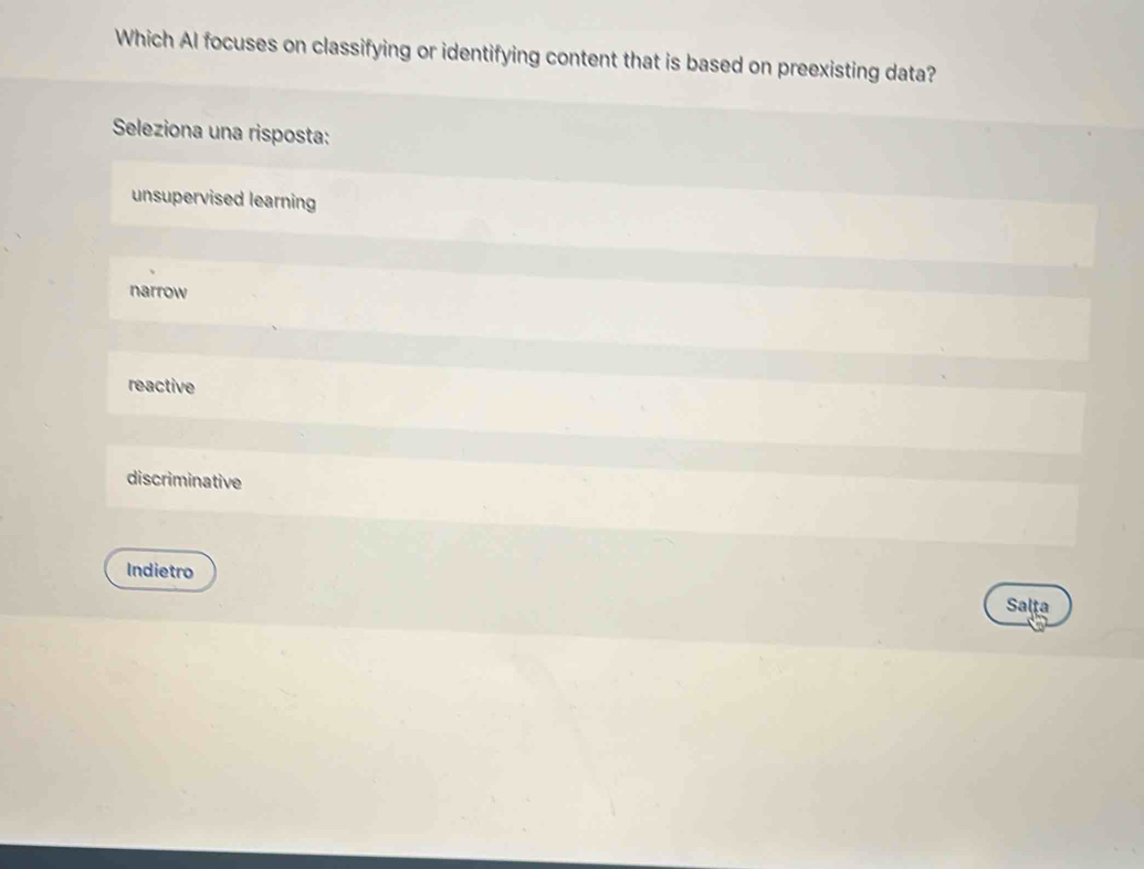 Risolto:Which Al focuses on classifying or identifying content that is based on preexisting data?