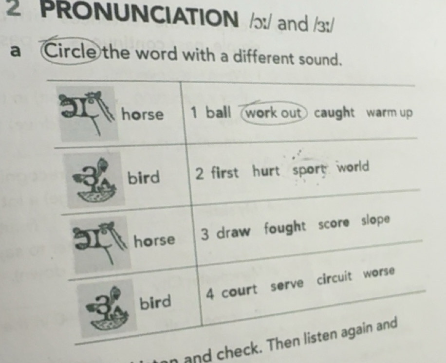 Gelöst:PRONUNCIATION /ɔ:/ and /3:/ a Circle the word with a different ...