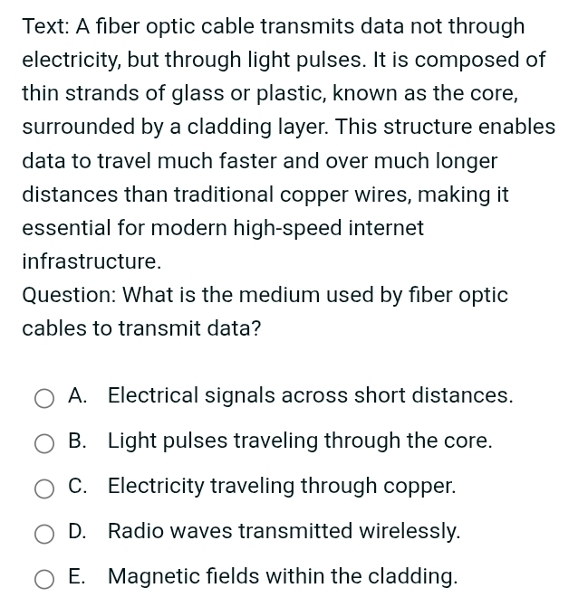 Telah dijawab:Text: A fiber optic cable transmits data not through ...