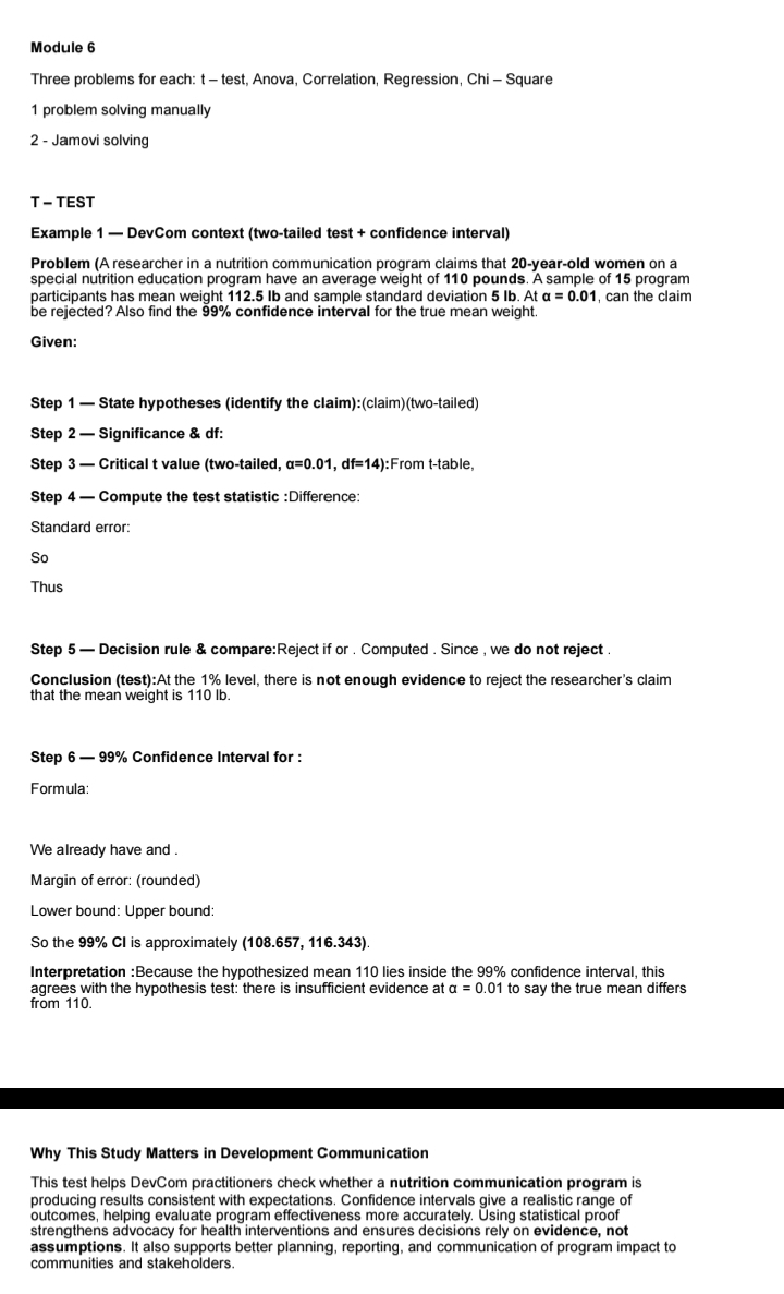 Solved: Module 6 Three problems for each: t - test, Anova, Correlation ...