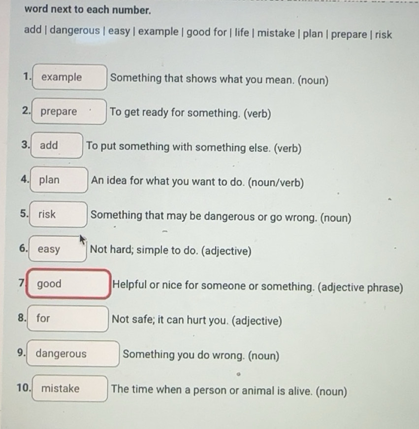 Giải quyết:word next to each number. add | dangerous | easy | example ...
