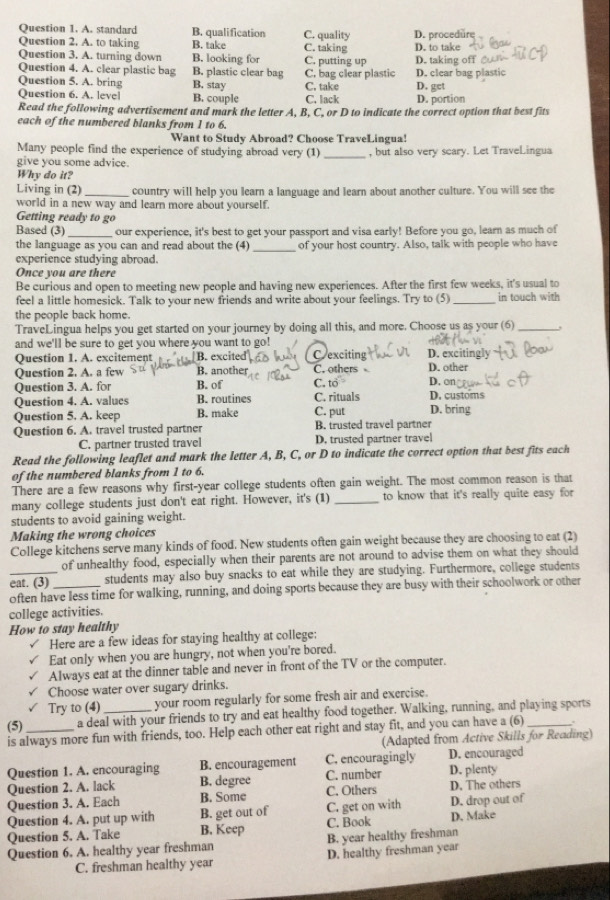 Giải quyết:A. standard B. qualification D. procedüre Question 2. A. to ...