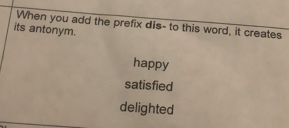 Solved: When you add the prefix dis- to this word, it creates its ...