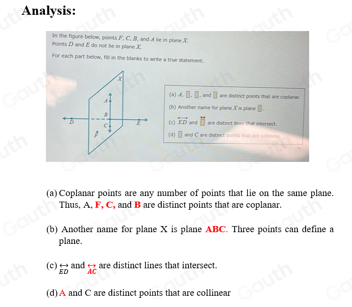 Solved: In the figure below, points F, C, B, and A lie in plane X. Points D and E do not lie in ...