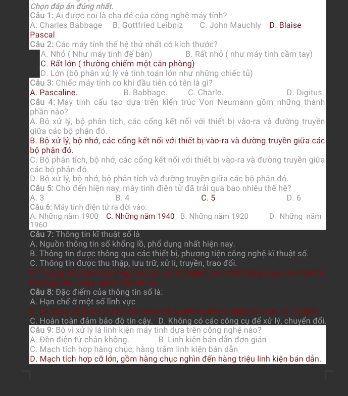 Giải quyết:Chọn đáp án đúng nhất. Câu 1: Ai được coi là cha đẻ của công ...