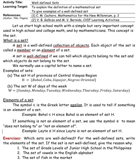 Solved: Activity Title: Well-defined Sets Learning Target: To explain ...