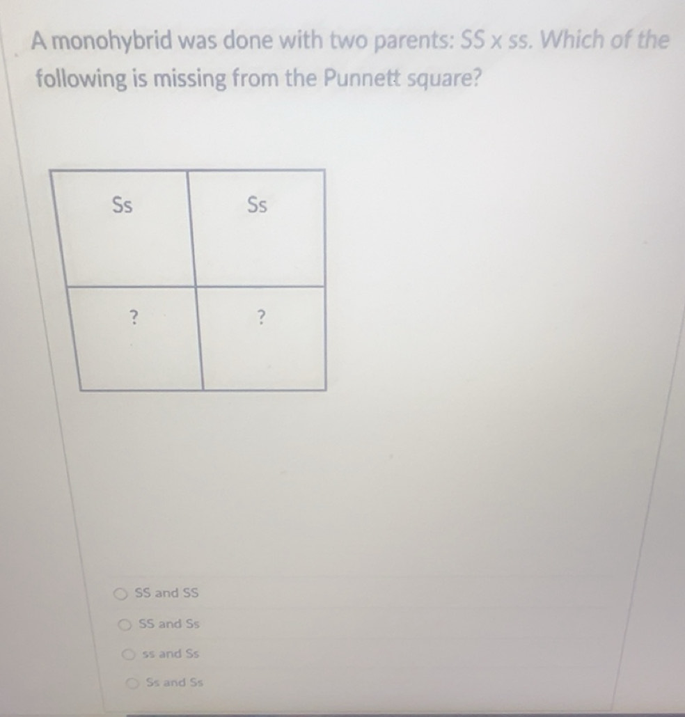 Solved: A monohybrid was done with two parents: SS* ss. . Which of the ...
